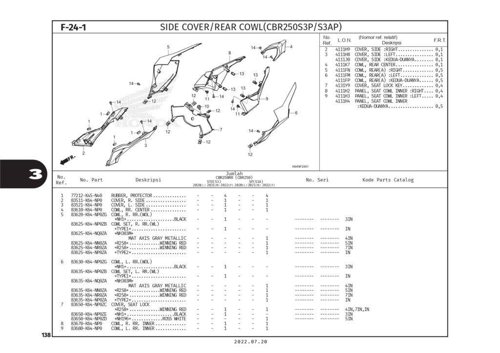 F-24-1 Side Cover Rear Cowl - Katalog Honda CBR 250RR K64N - Harga ...
