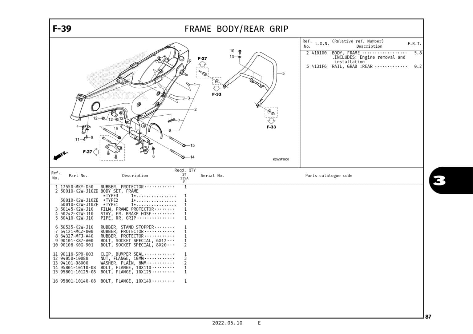 F-39 Frame Body Rear Grip - Katalog Suku Cadang Honda ST 125 DAX ...